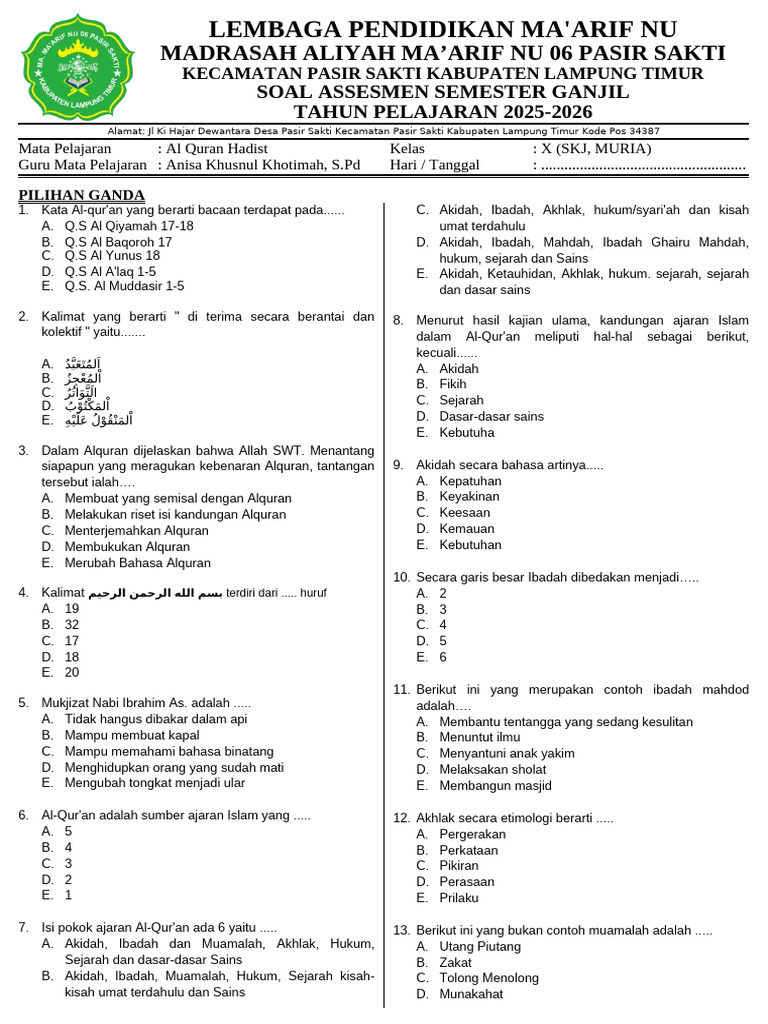 Soal Assesmen Al quran Hadits Semester Ganjil 25-26 skj muria | PDF