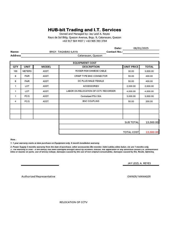 Quotation CCTV Brgy Tagabas Ilaya 080125 | PDF | Power Supply ...