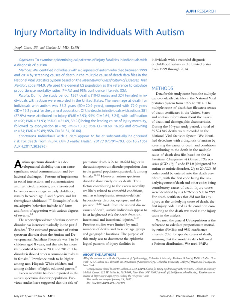 Injury Mortality in Individuals With Autism | PDF | Autism | Mental ...
