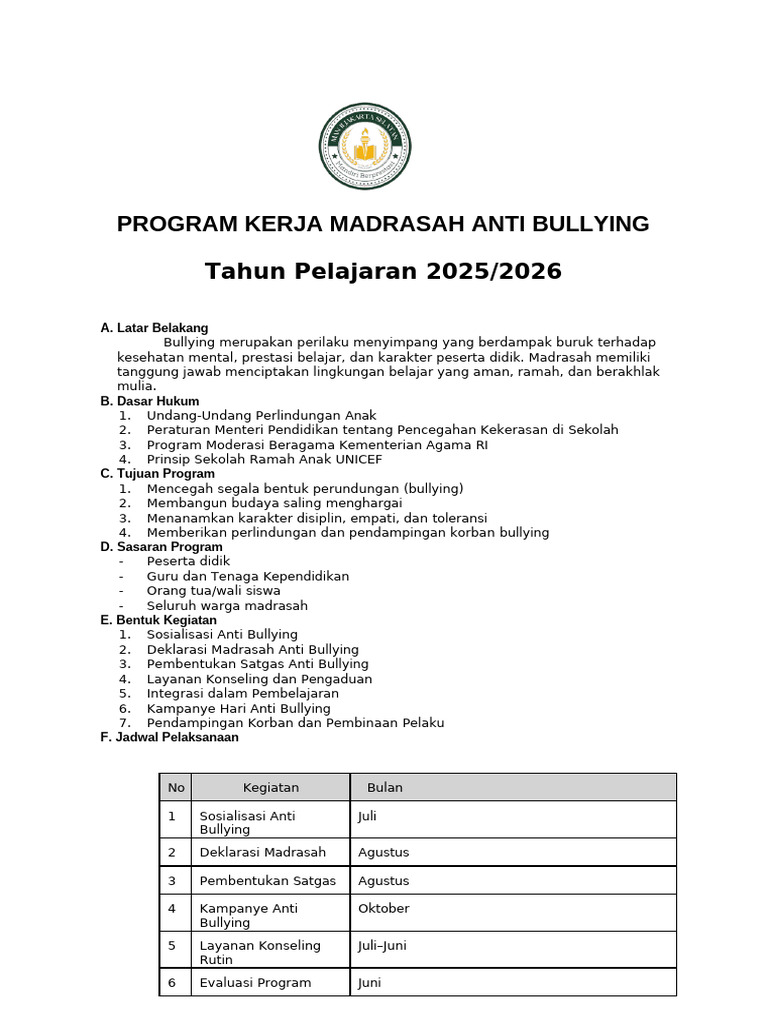 Program Kerja Madrasah Anti Bullying | PDF