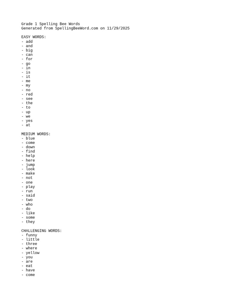 Grade 1 Spelling Words | PDF