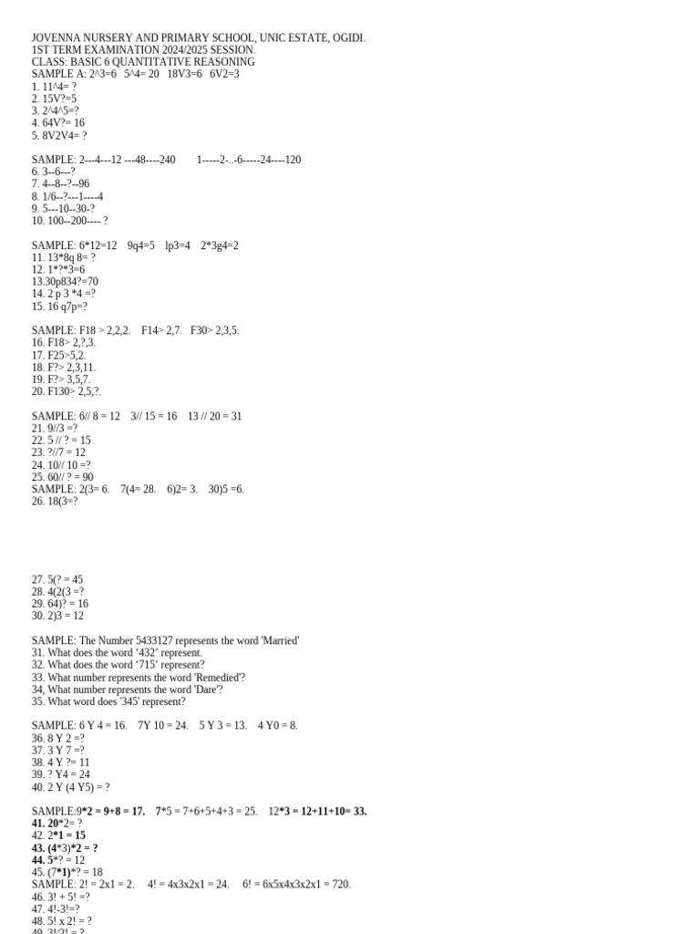 Basic 6 Quantitative Reasoning Exam 2024 | PDF