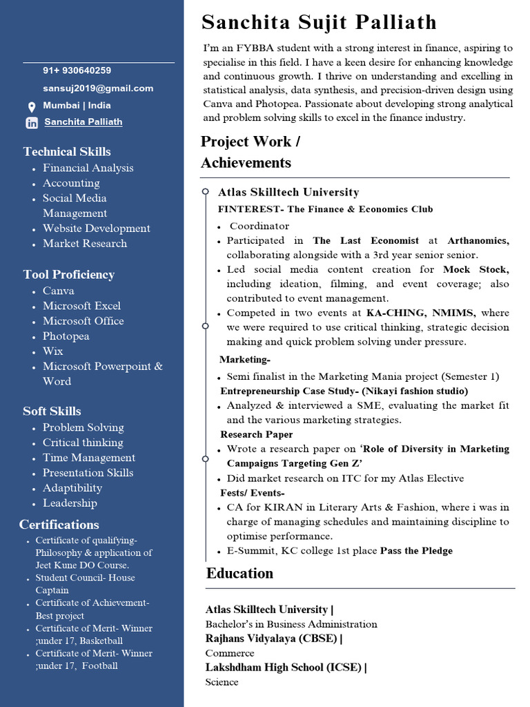 Sanchita Palliath - Resume | PDF | Business | Economies