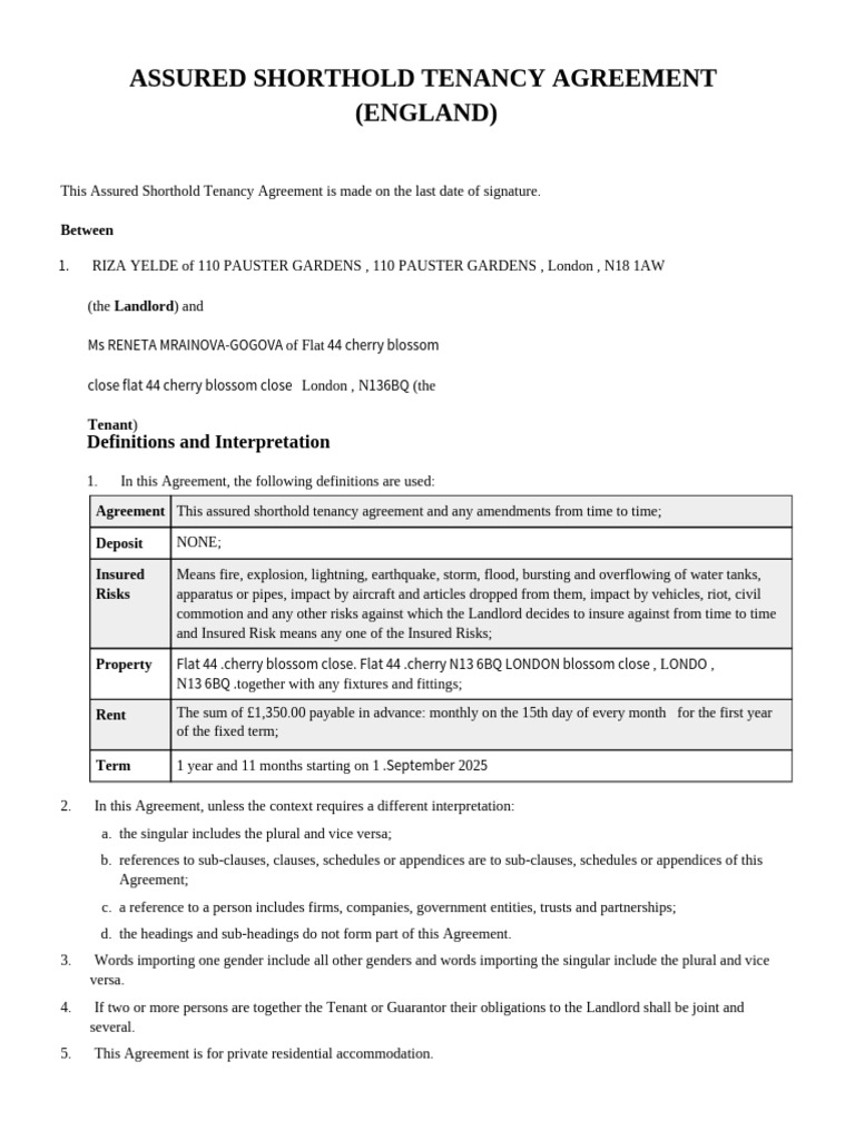 Assured Shorthold Tenancy Agreement UK | PDF | Leasehold Estate | Landlord