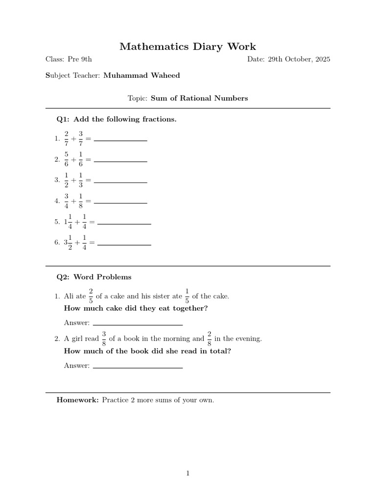 Pre 9th Math Diary | PDF
