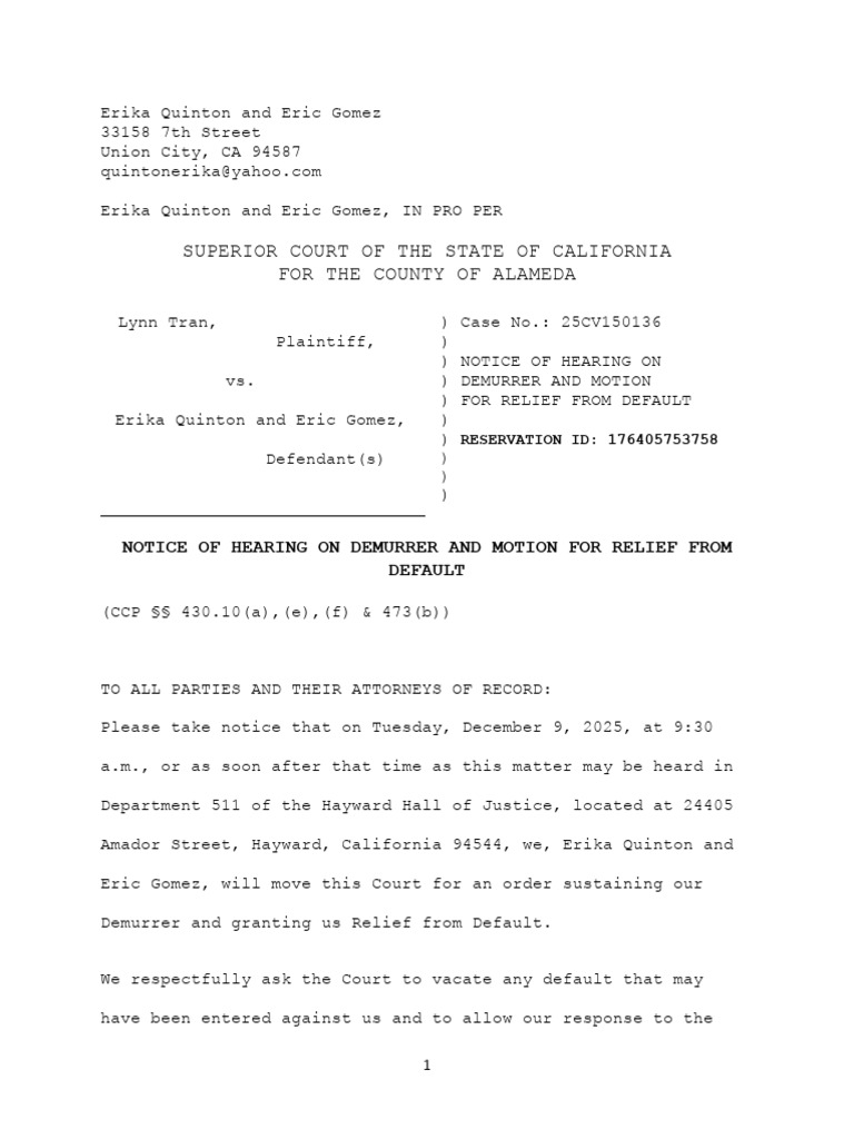 Notice of Hearing, Demurrer, and Motion For Relief From Default in An ...