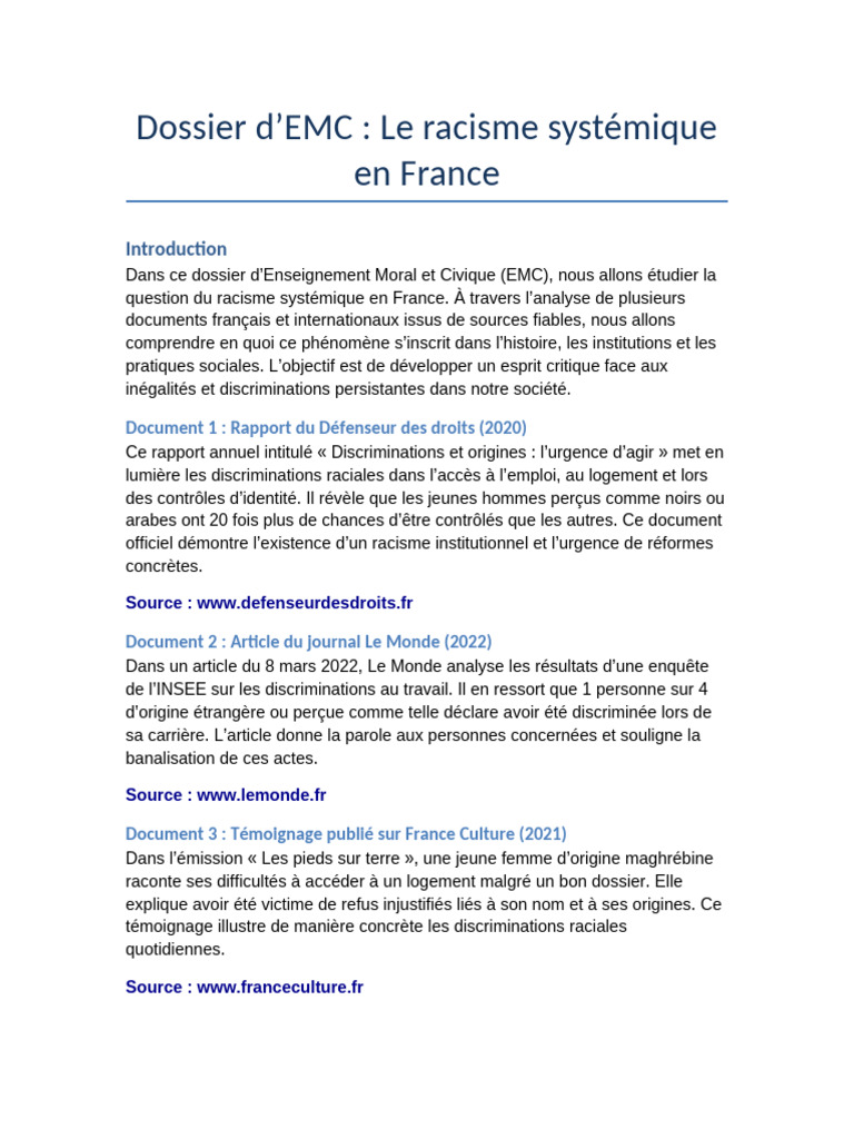 Racisme Systemique Dossier EMC | PDF | La discrimination | Racisme