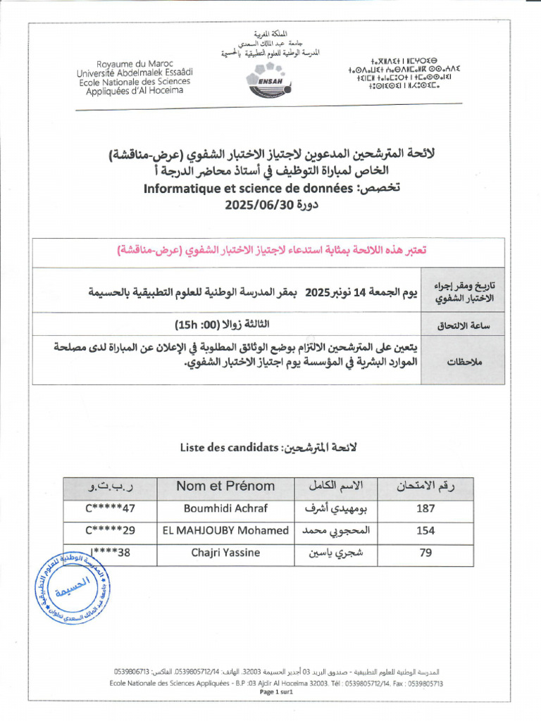 Liste Des Admis A Loral Du Concours de Recrutement Dun Maitre de ...