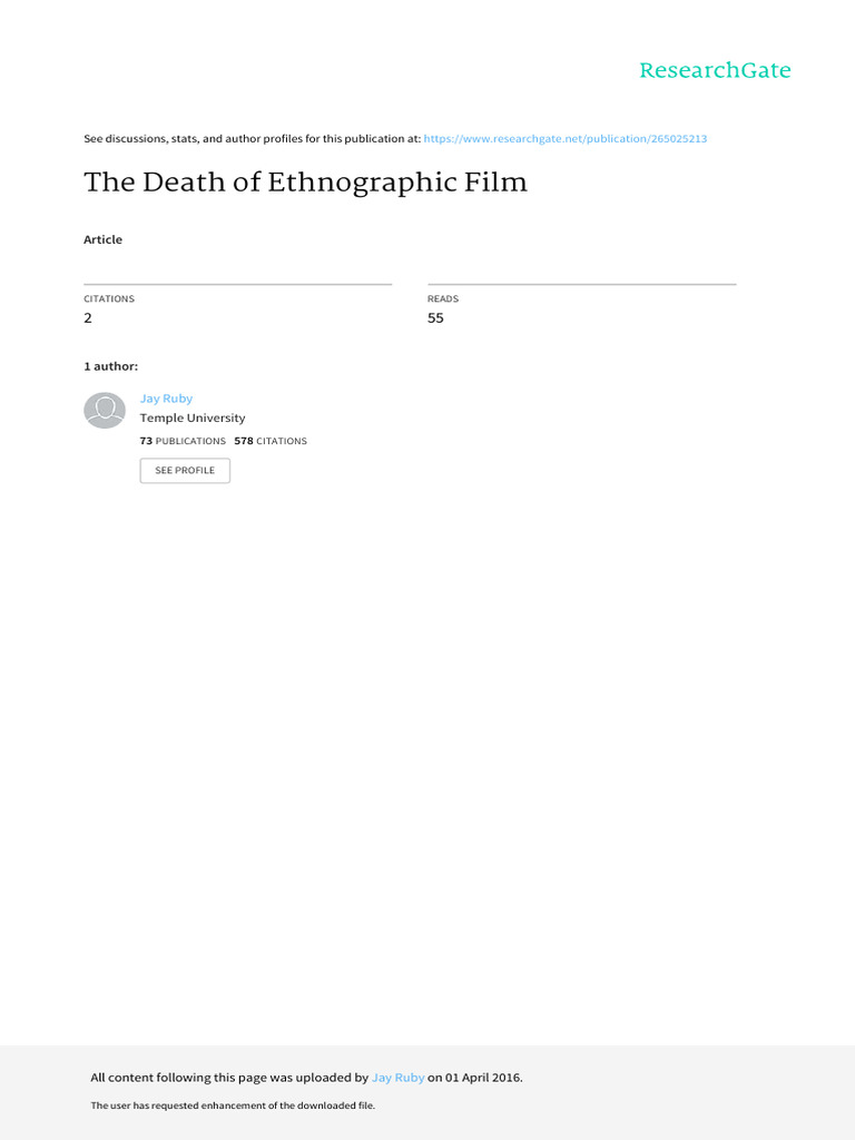 Jay Ruby the Death of Ethnographic Film | PDF | Ethnography | Anthropology