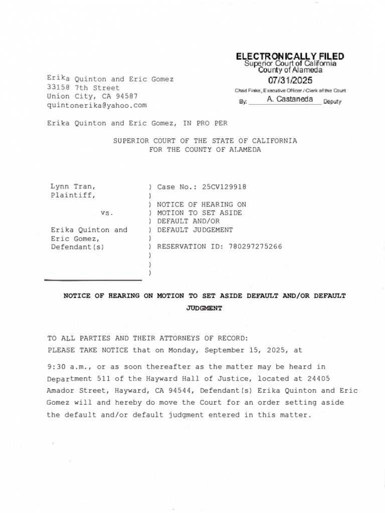 Motion To Set Aside/Vacate Default and Default Judgment (In Pro Per at ...