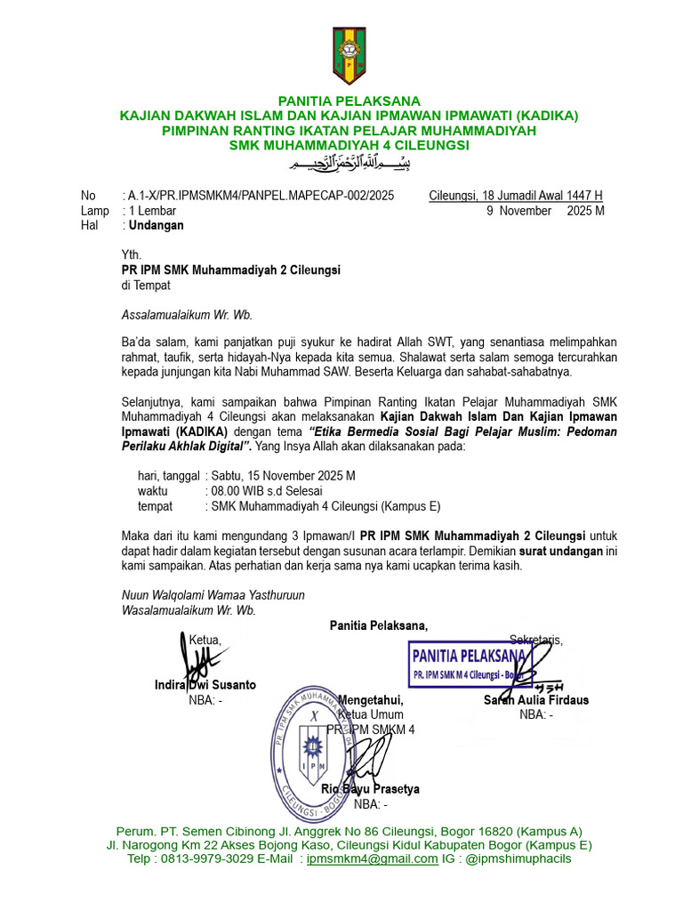 002 Surat Undangan PR IPM SMK Muhammadiyah 2 Cileungsi KADIKA | PDF