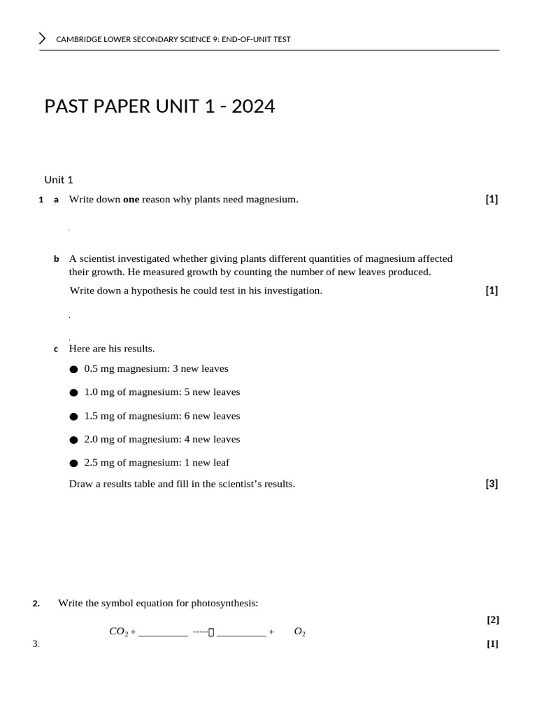 Past Paper Unit 1 - 2024 | PDF | Leaf | Magnesium