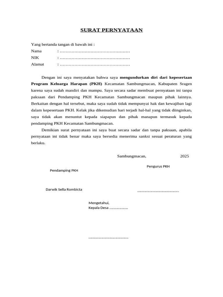 Surat Pernyataan Mengundurkan Diri Dari PKH | PDF