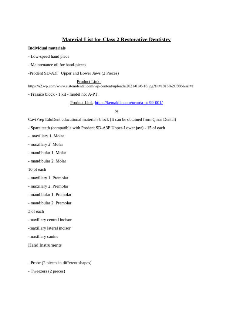 Class 2 Restorative Dentistry Materials List | PDF | Materials ...