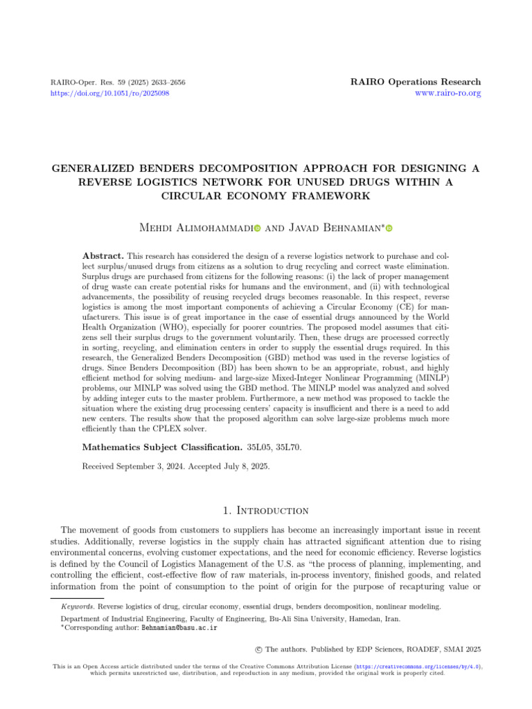 Generalized Benders Decomposition Approach For Designing A Reverse ...