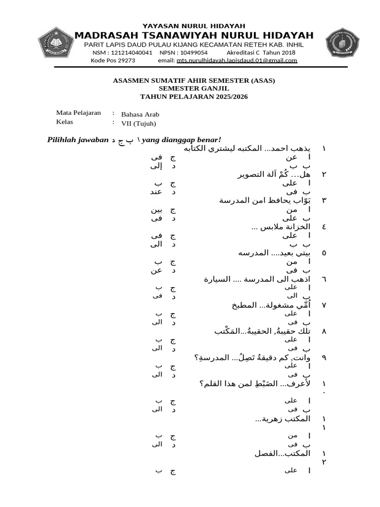 Master Naskah Soal Mts - Bahasa Arab Kelas 7 | PDF