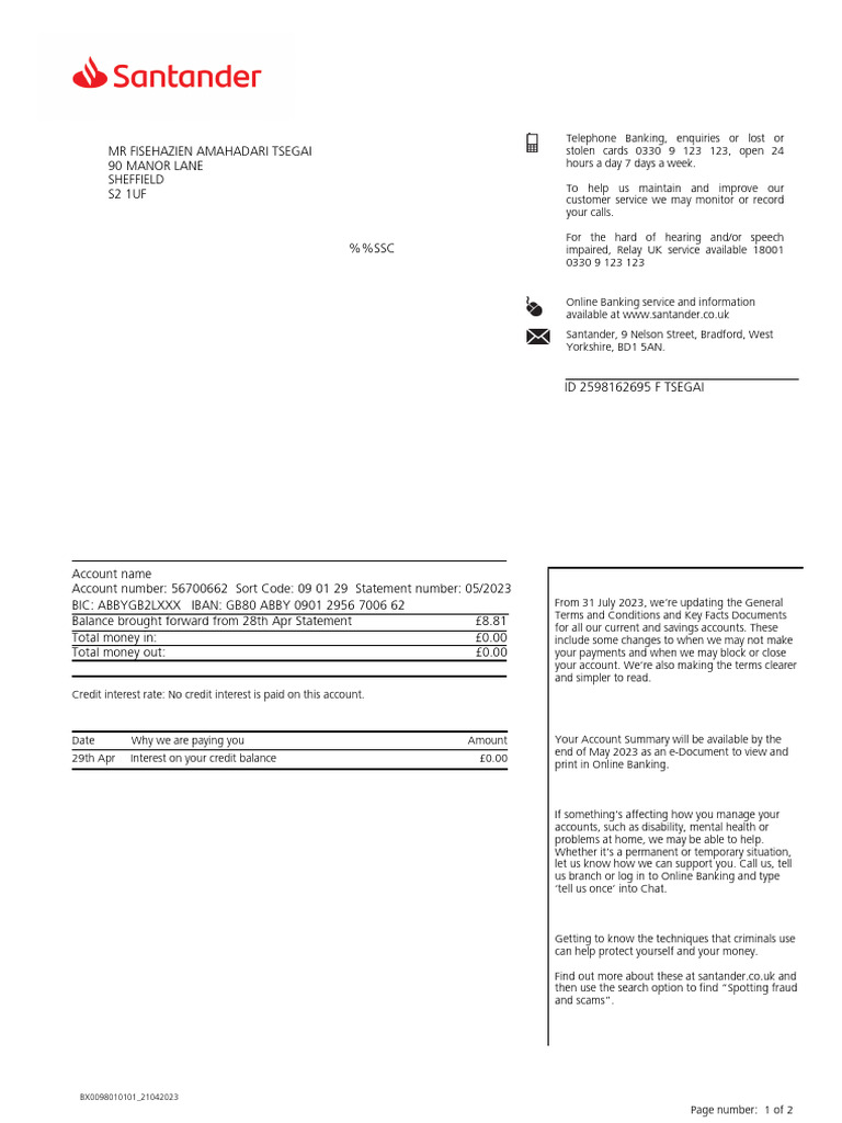 Santander Basic Debit Card Statement | PDF | Overdraft | Banking