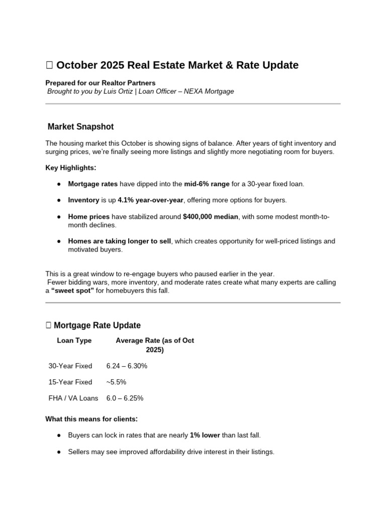 ? Octogber 2025 Real Estate Market - Rate Update | PDF | Personal ...