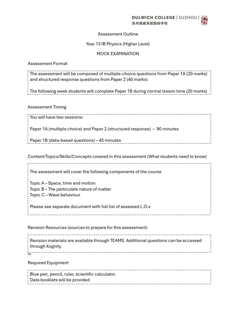 IB Physics (SL) Year 12 EoY Assessment Outline 2025 | PDF | Waves | Force