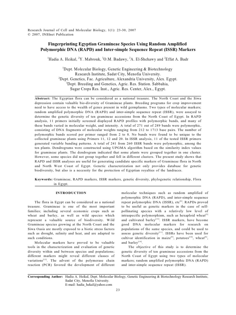 Fingerprinting Egyptian Gramineae Species Using Random Amplified Polymorphic DNA (RAPD) and ...