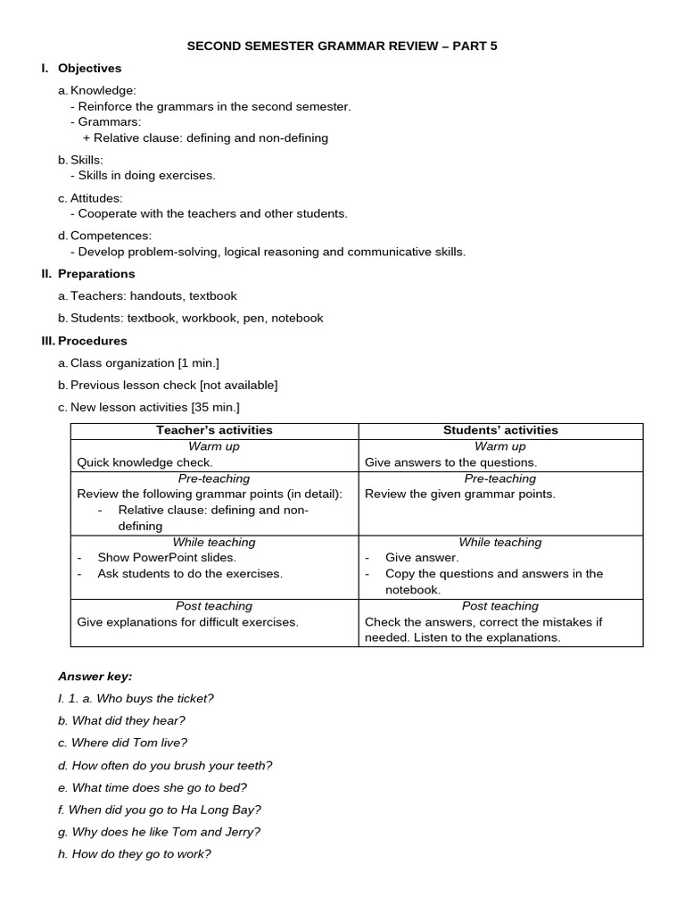 Second Semester Grammar Review: Clauses | PDF | Cognition | Human ...