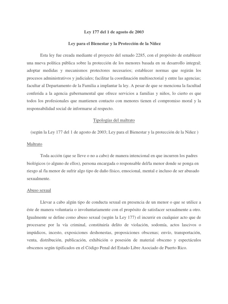 Ley 177 Del 1 de Agosto de 2003 | PDF | Abuso infantil | Abuso sexual