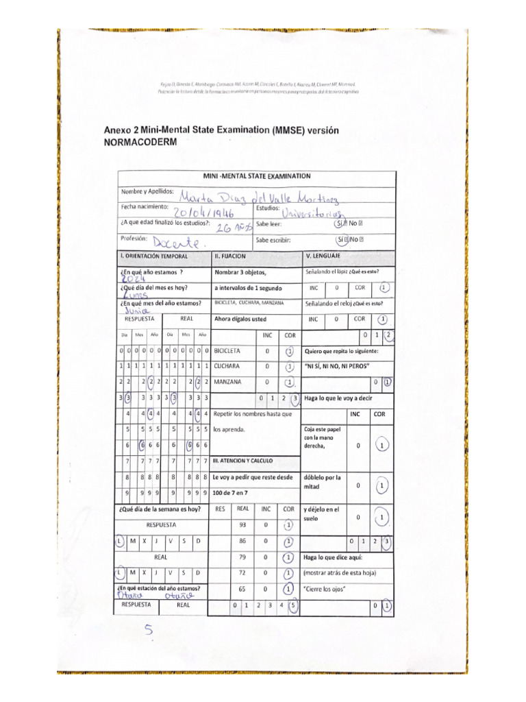 Anexo 2 Mini-Mental State Examination (MMSE) Versión | PDF