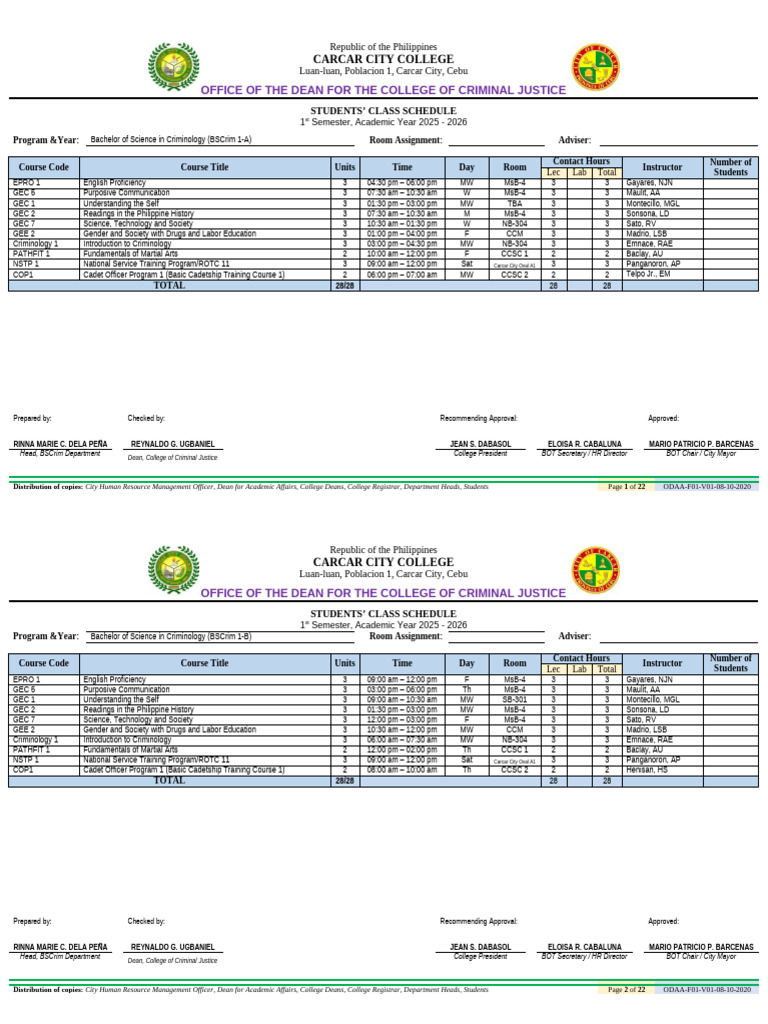 BSC Student Class Schedule 1st Semester | PDF | Criminal Justice ...