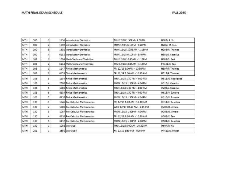 Fall 2025 Math Final Exam Schedule | PDF