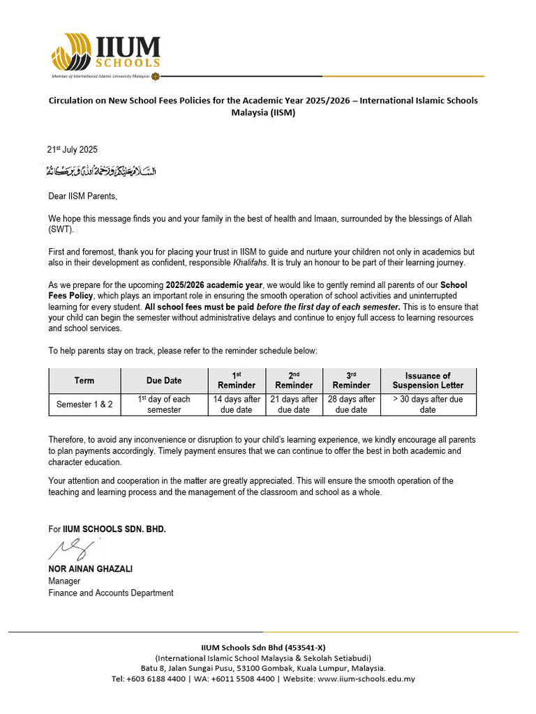 New Circulation 2025 - School Fees Policies - IISM | PDF | Learning