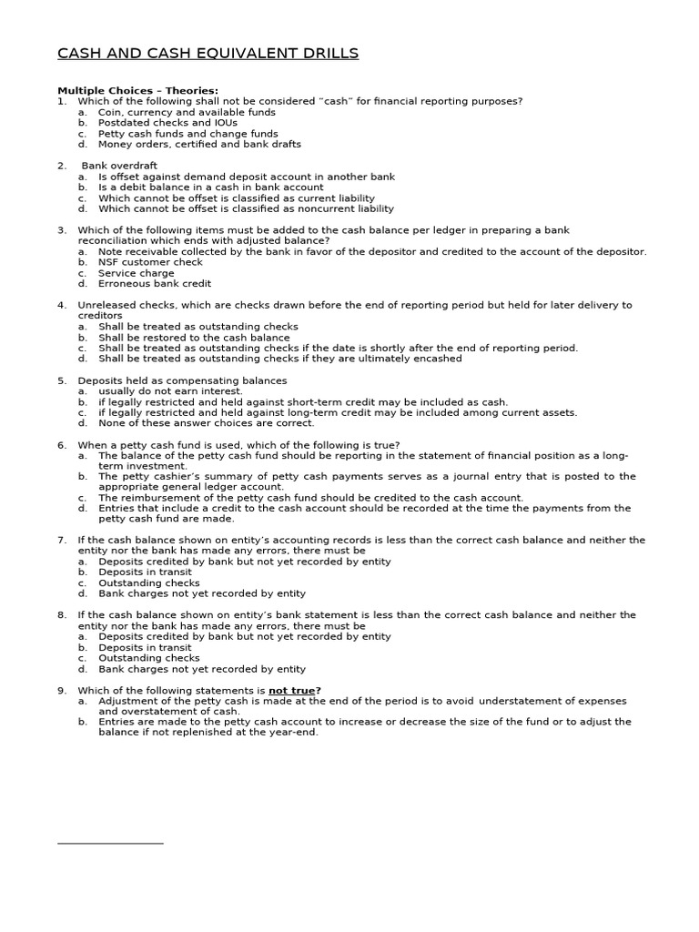 Cash and Cash Equivalent Practice Drills | PDF | Banks | Debits And Credits