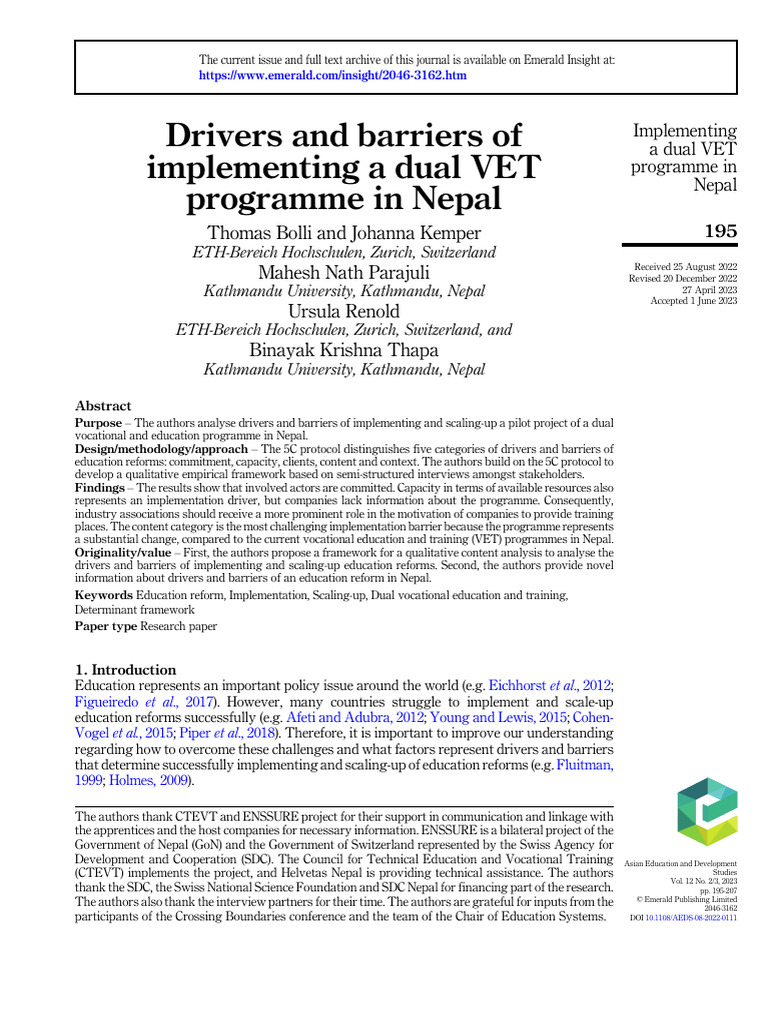 Drivers and Barriers of Dual VET in Nepal | PDF | Vocational Education ...