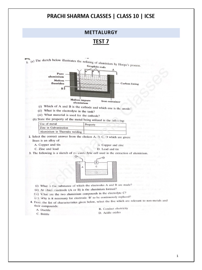 Class 10 ICSE Metallurgy Test 7 | PDF