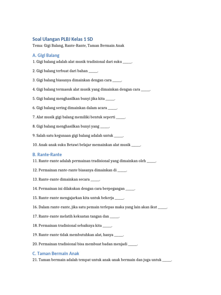 Soal_Ulangan_PLBJ_Kelas_1_SD | PDF