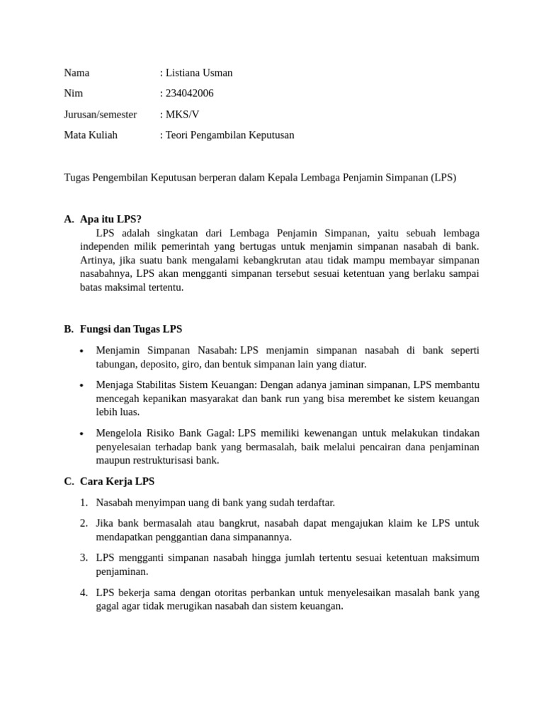 Tugas 1 Ica kepala LPS pengambilan keputusan | PDF