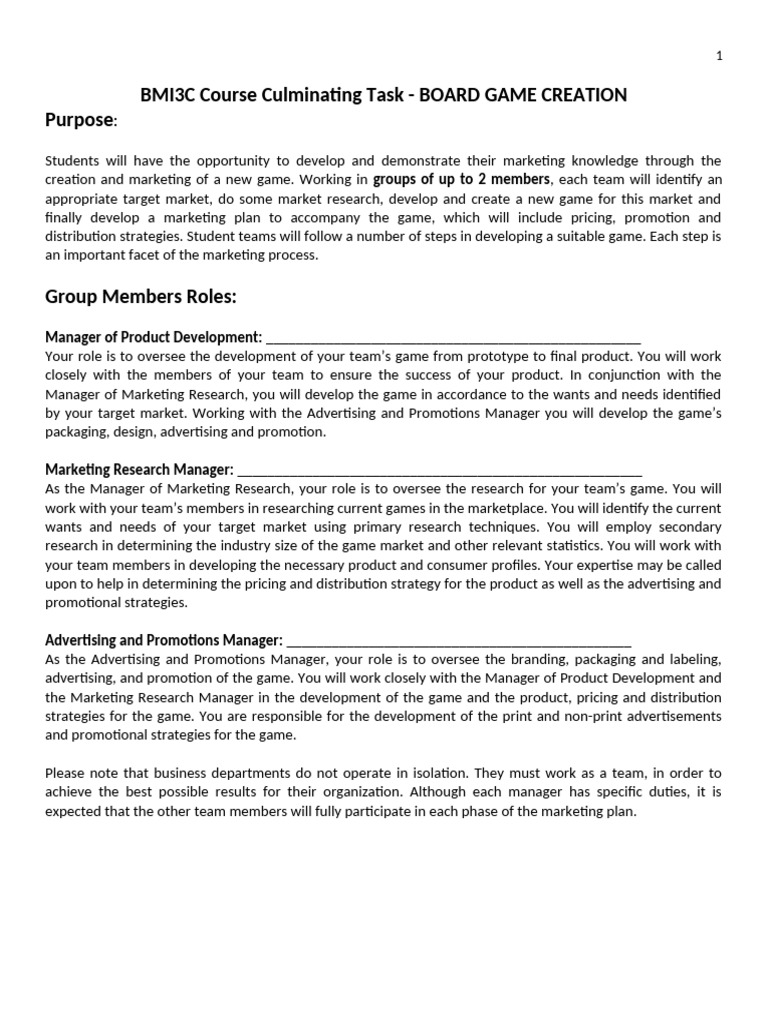 BMI3C Culminating - Board Game | PDF | Marketing | Marketing Strategy