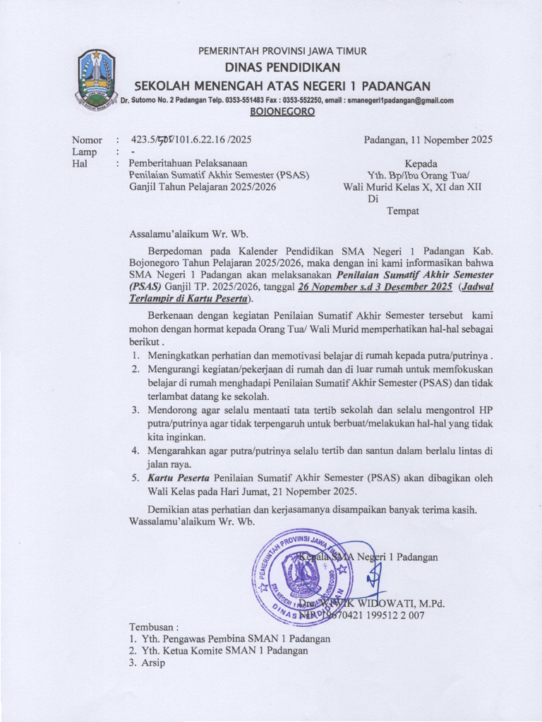 Edaran PSAS SMT 1 2025 Orang Tua_Wali Murid | PDF