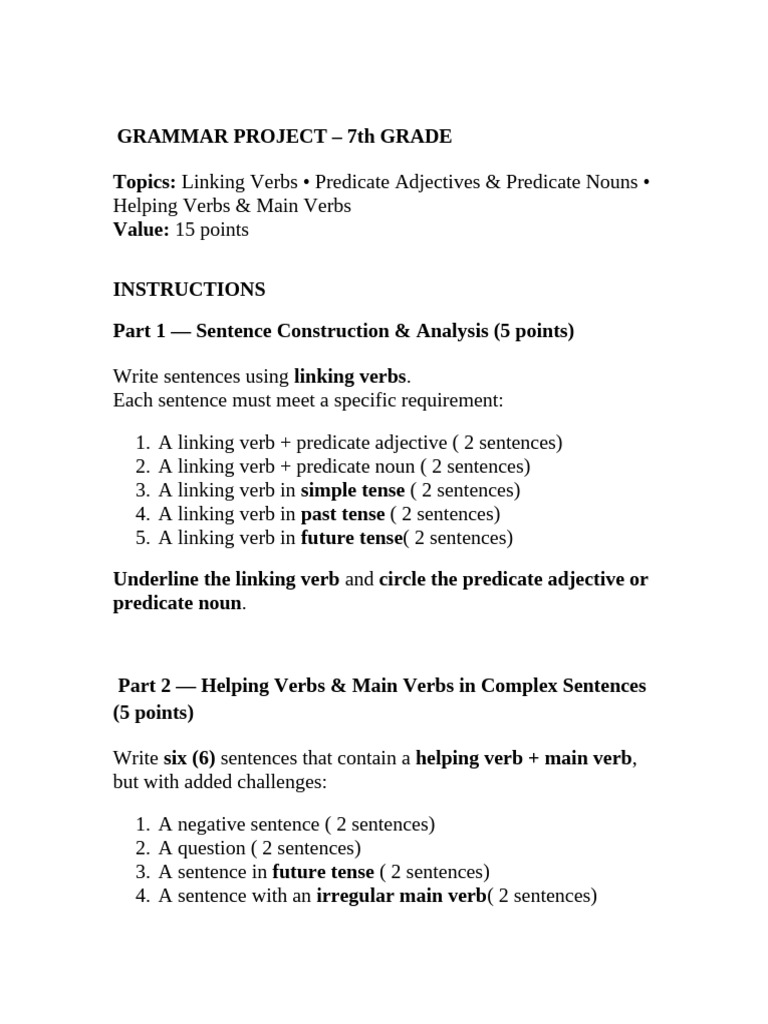 7th Grade Grammar Project Guide | PDF | Verb | Predicate (Grammar)