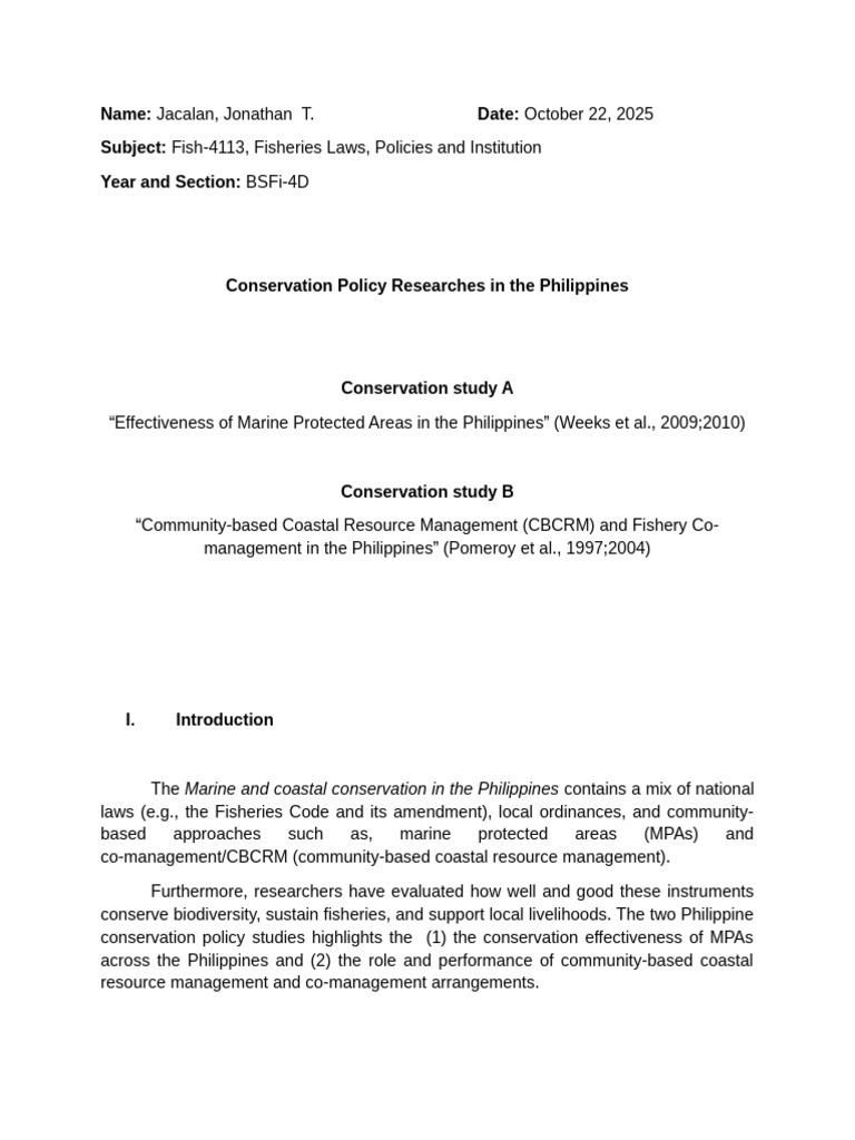 Jacalan - J - FISH4113 - CONSERVATION RESEARCHES PROJECT | PDF ...