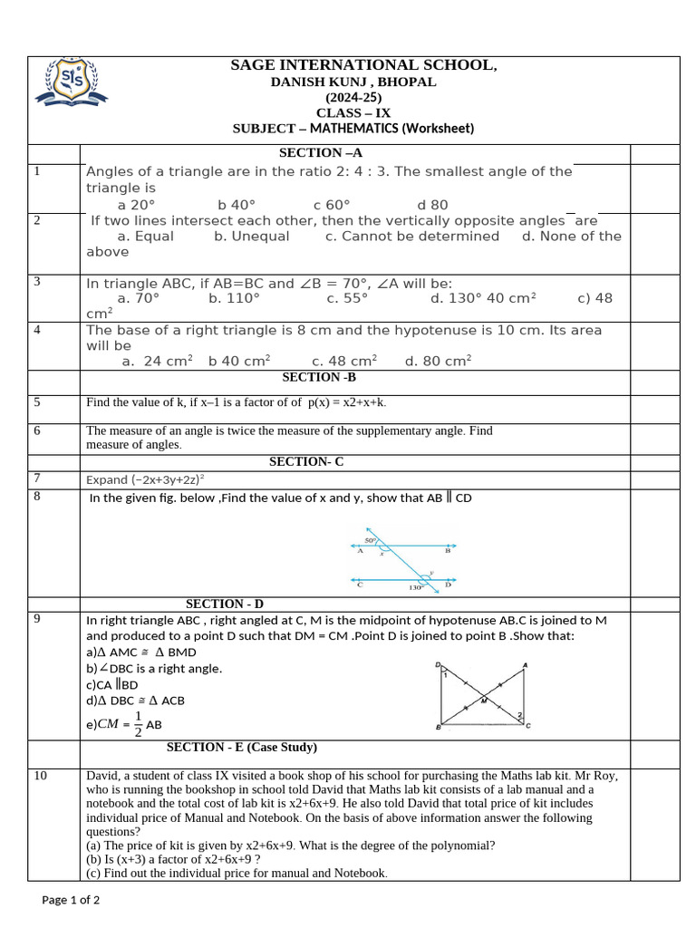 Class IX Mathematics Worksheet 2024-25 | PDF | Triangle | Angle