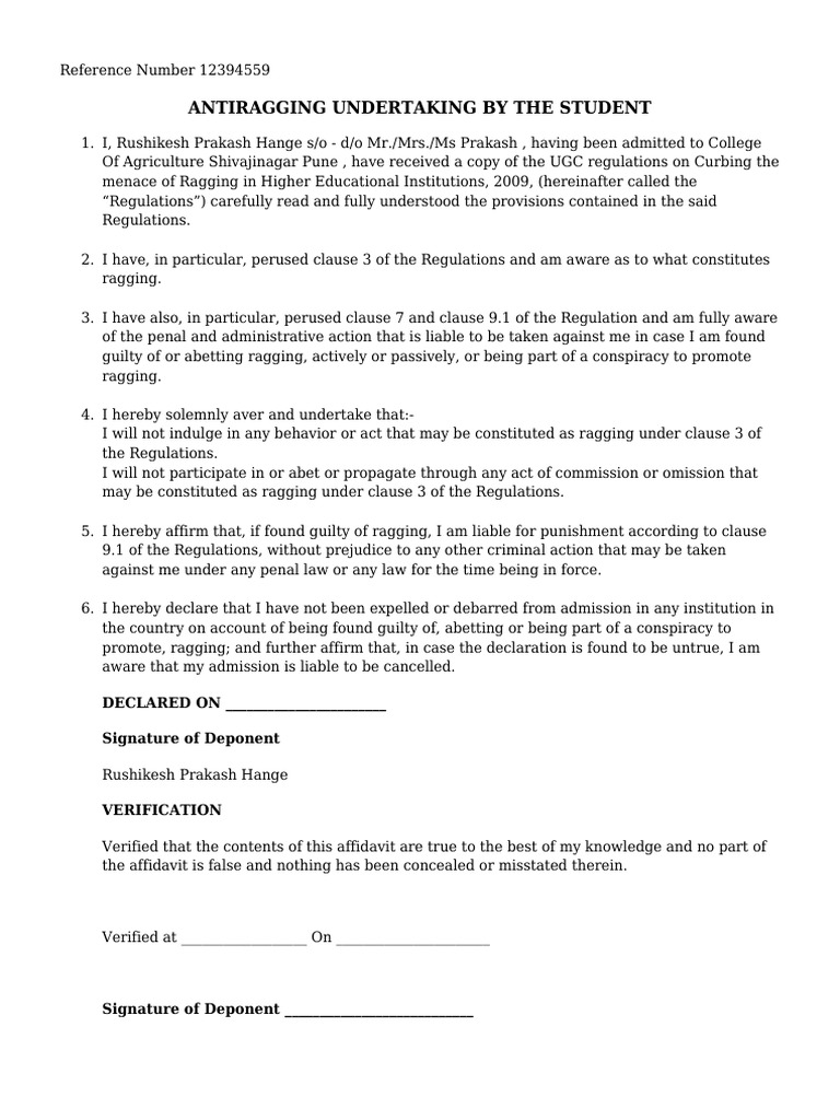 Anti Ragging Affidavit Form | PDF | Affidavit