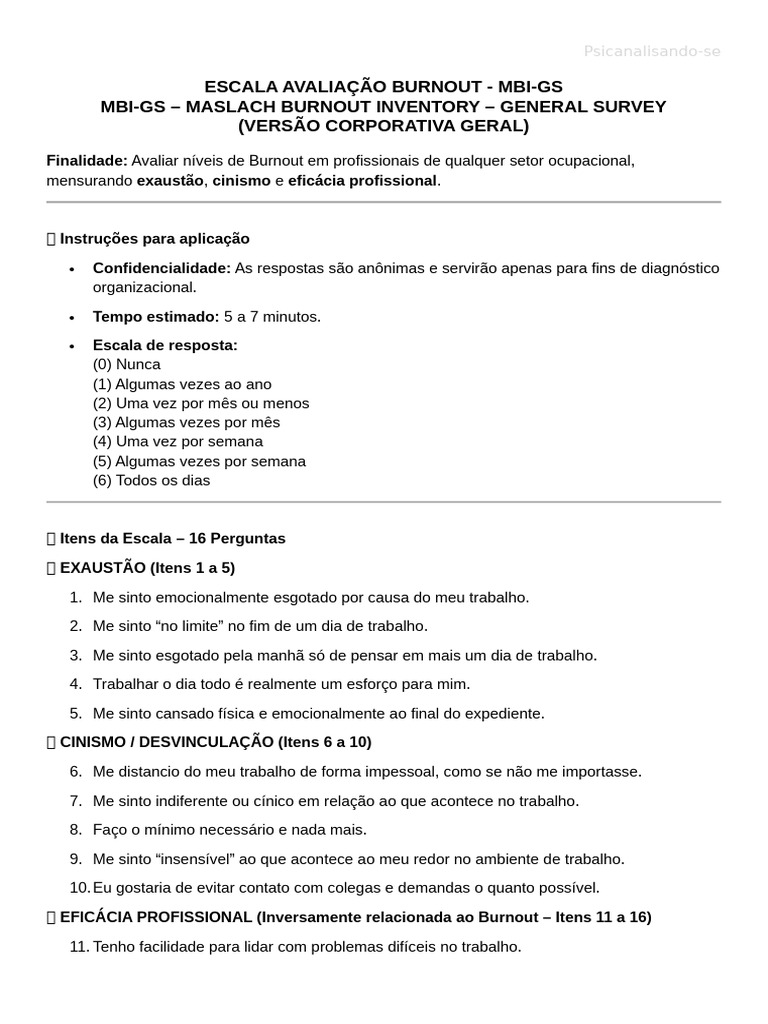 Avaliação de Burnout com MBI-GS | PDF | Burnout ocupacional