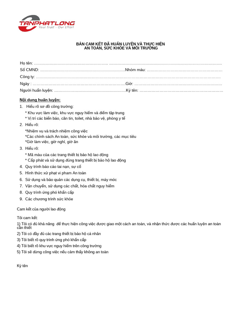 Bản Cam Kết Đã Học Và Chấp Hành Quy Định an Toàn, Vệ Sinh, Môi Trường | PDF