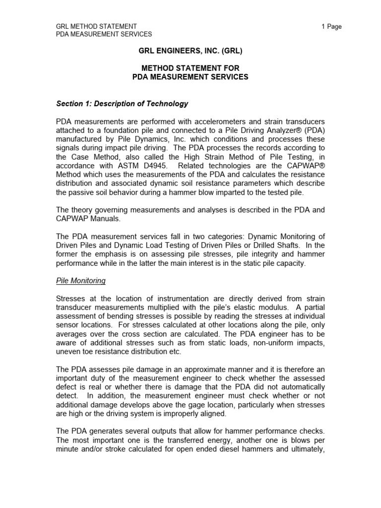 GRL PDA Measurement Services Method Statement | PDF | Stress (Mechanics ...