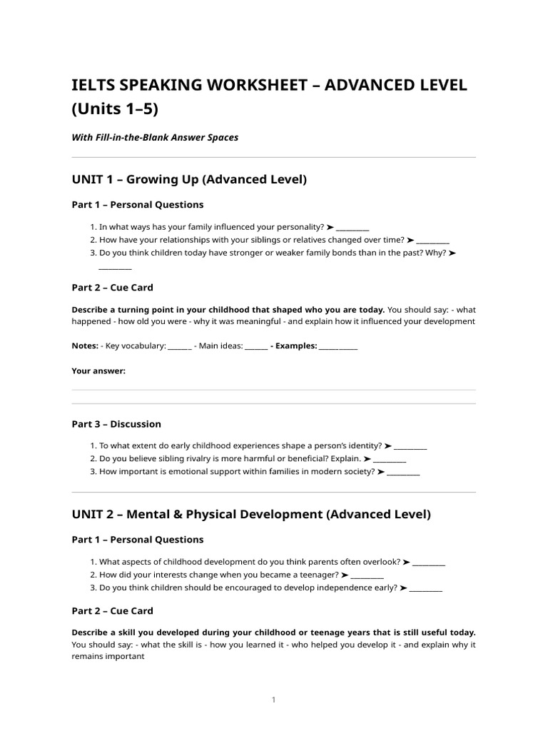 Speaking Worksheet Units1 5 Advanced | PDF | Adolescence | Well Being