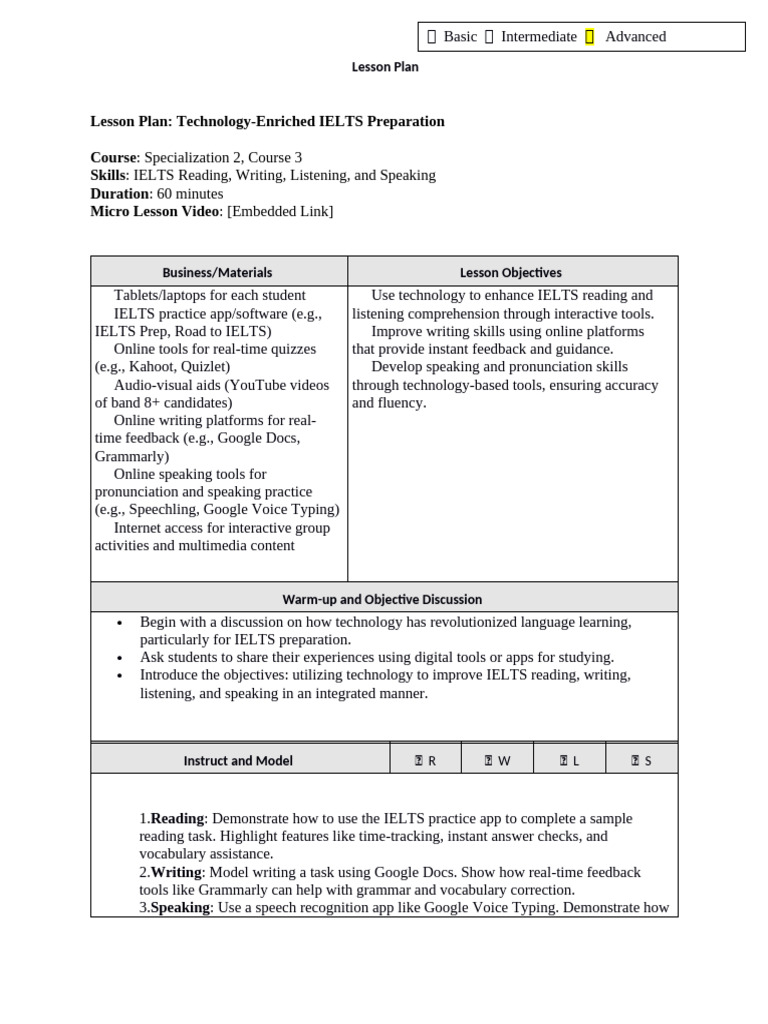 Tech-Enhanced IELTS Lesson Plan | PDF | Reading Comprehension | Speech ...