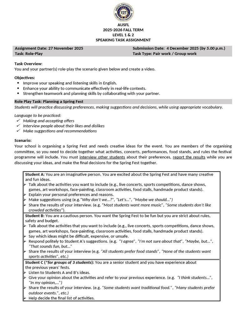 AUSFL Spring Fest Role-Play Assignment | PDF | Cognition | Communication