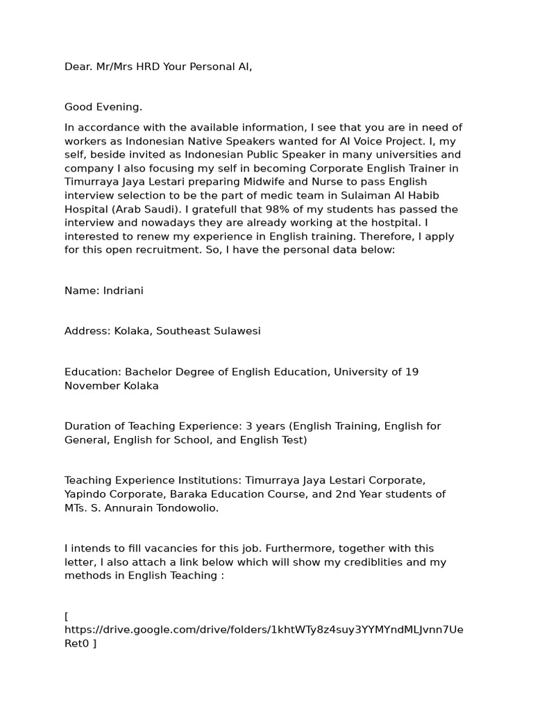 Cover Letter - Your Personal AI Recruitment - Indriani | PDF
