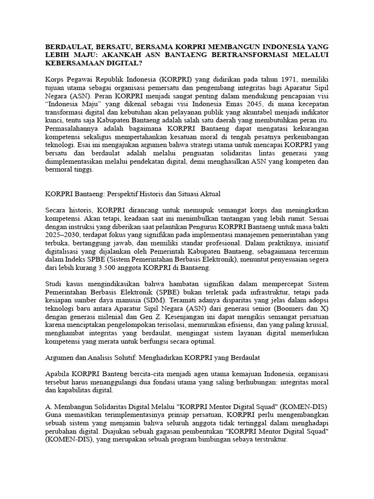 Contoh Esai Lomba Menulis Dalamrangka HUT Korpri 2025 - 1 | PDF