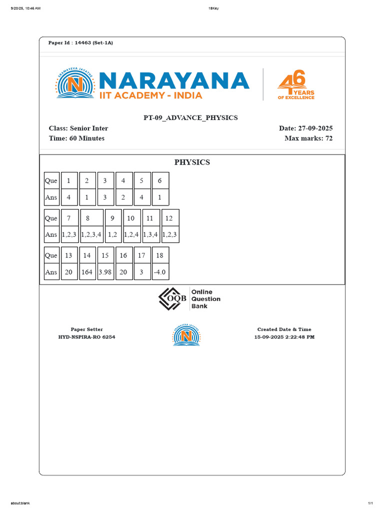 Pt-09 Advance Physics - Key | PDF